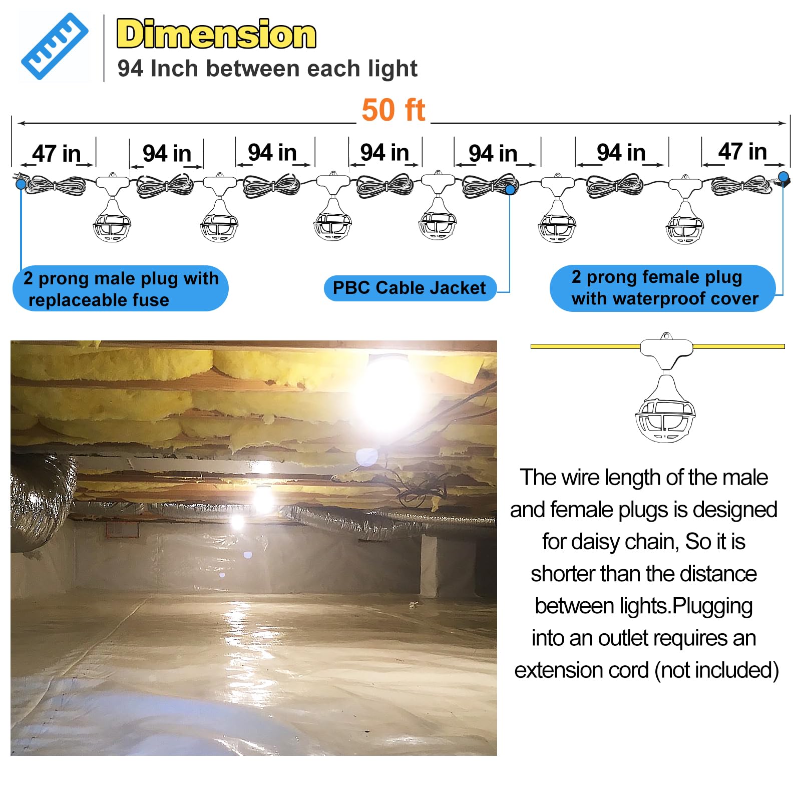 Snapklik.com : 50FT Construction String Lights, 85W 8000ML Led String ...