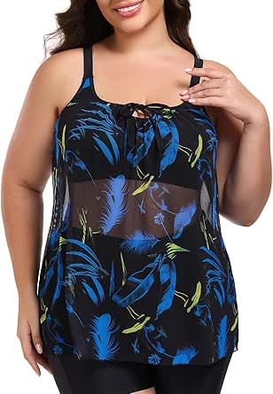Amazon.com: RELLECIGA Women’s Tankini Top Tummy Control Mesh Modest ...