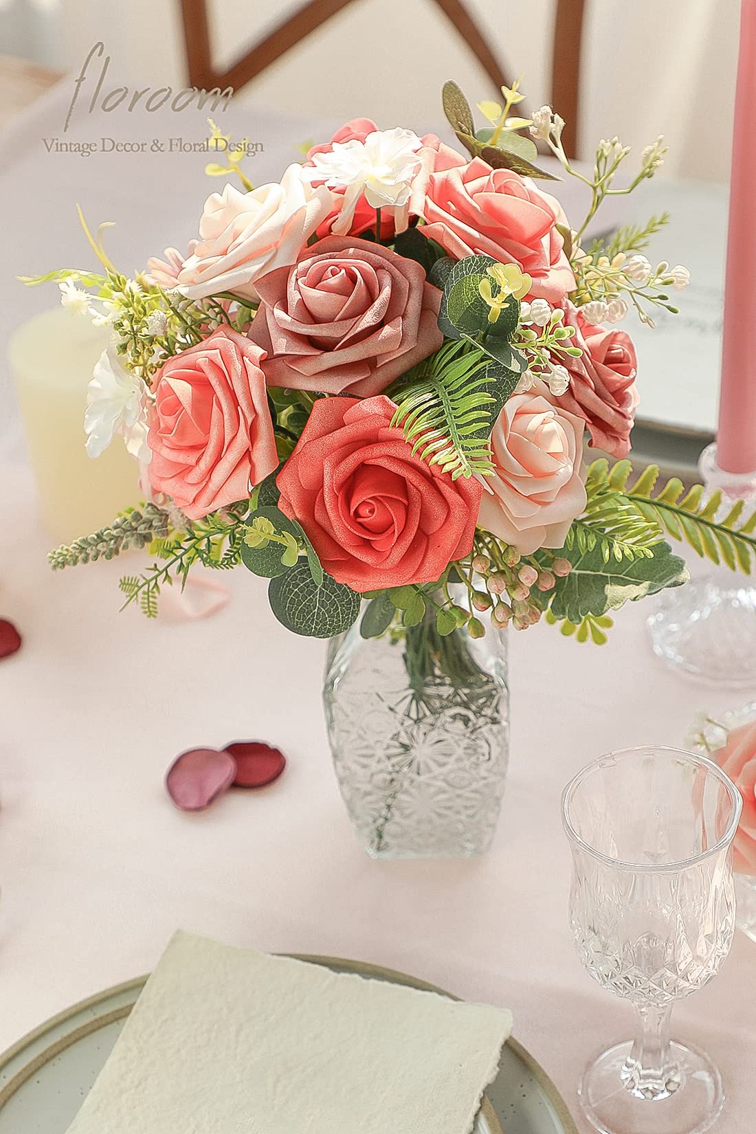 Floroom Artificial Flowers 25pcs Real Looking Coral Ombre Colors Foam ...