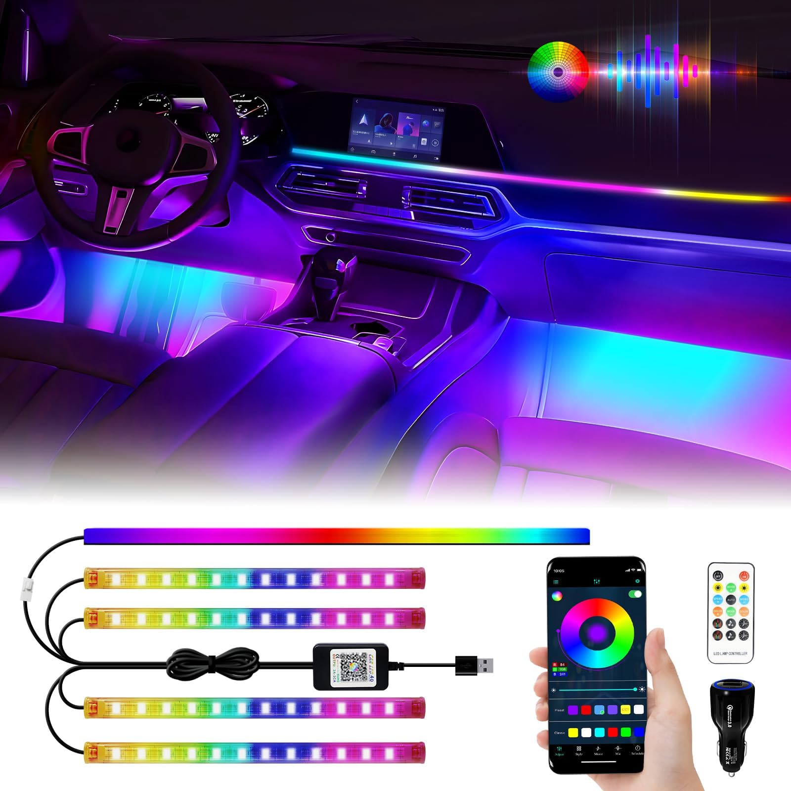 YM E-Brightt 5 in 1 Car Interior Led Light Kit，Dreamcolor Acrylic Neon ...