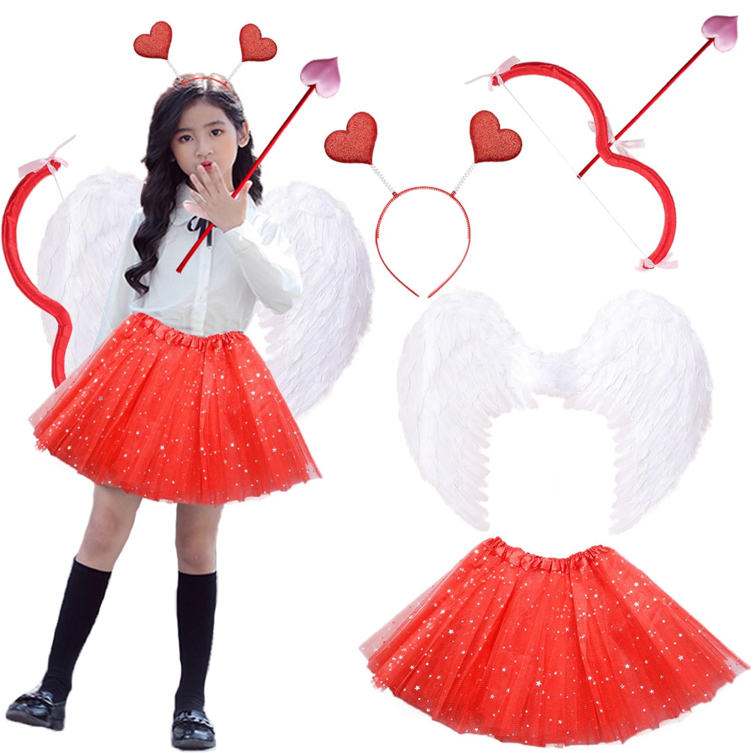 Amazon.com: 4pcs Cupid Costume Valentines Kit Heart Headband Angel Wing ...