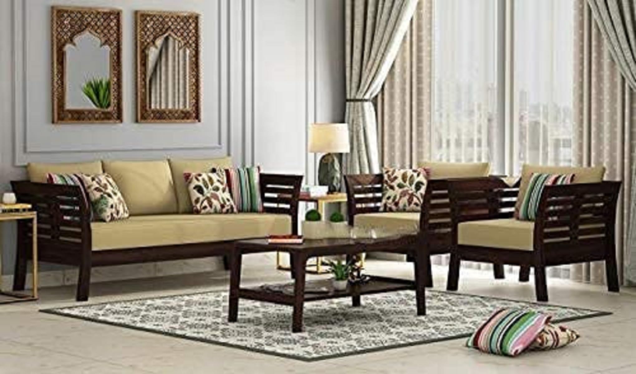 Varsha Furniture Solid Wood 5 Seater Sofa Set for Living Room | Wooden ...
