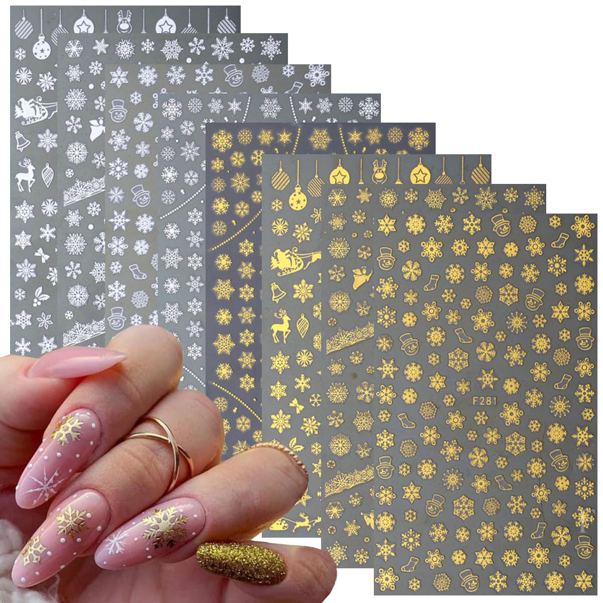 Amazon.com: 8 Sheets White Gold Snowflakes Nail Stickers - 3D Christmas ...