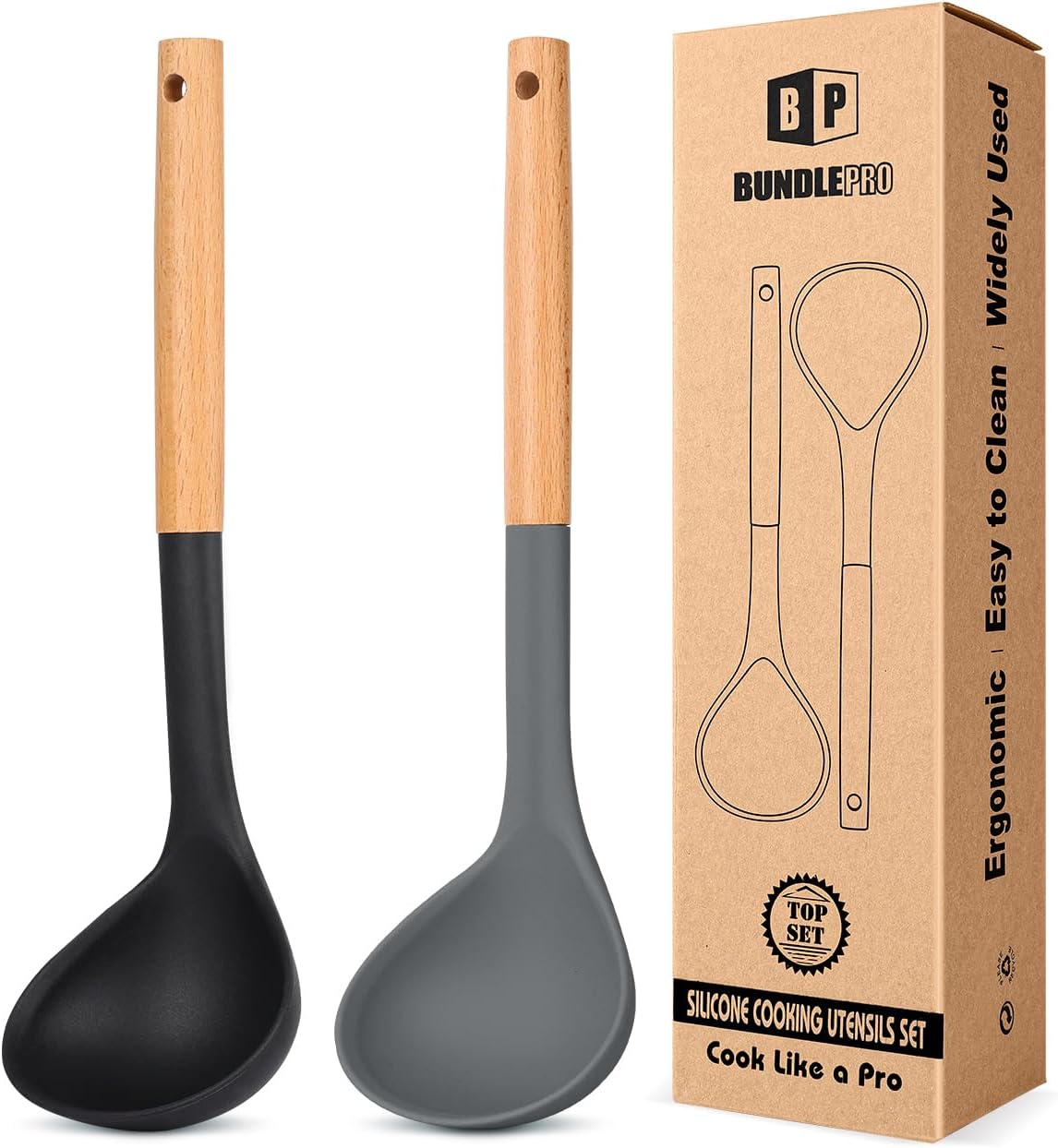 Amazon.com: Pack of 2 Soup Ladle, Silicone Ladle Spoon with Wooden ...