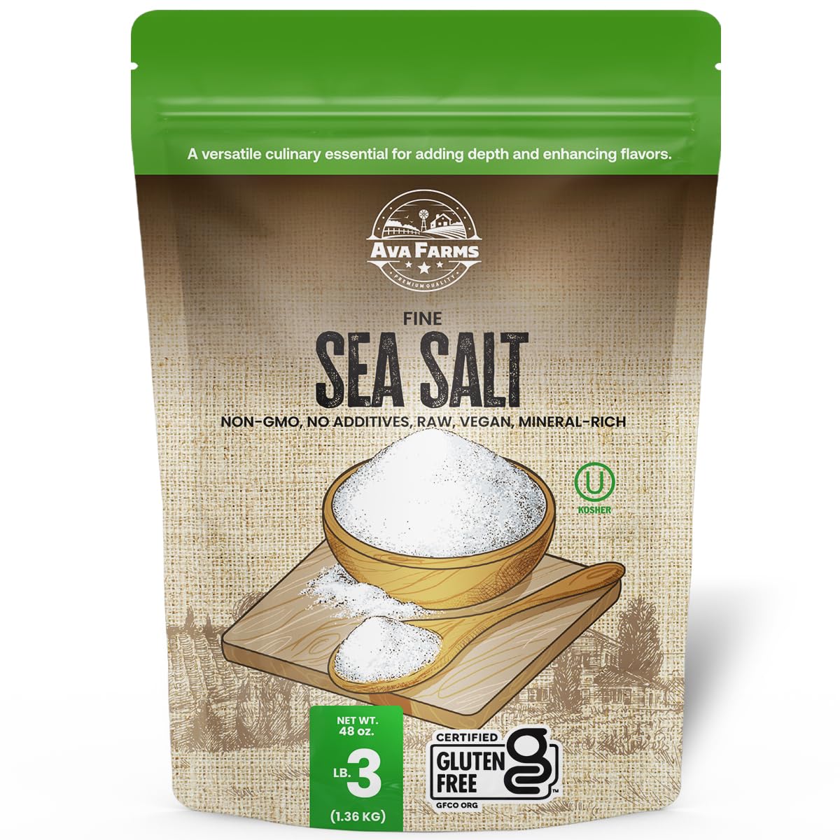 Amazon.com : Ava Farms Sea Salt - Fine – 3 Lb. - Gluten-Free, Non-GMO ...
