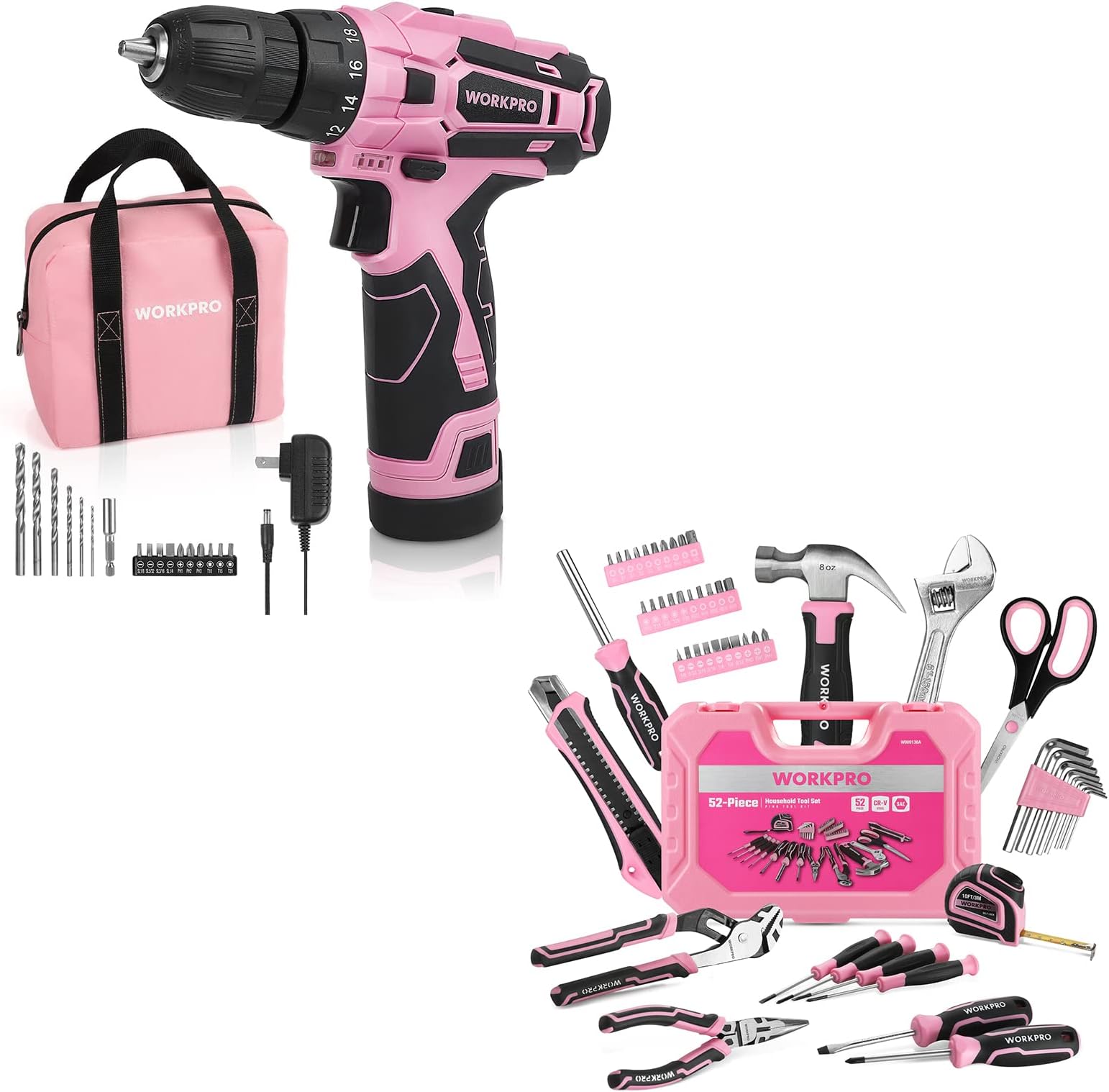 WORKPRO Pink Cordless Drill Driver Set+52-Piece Pink Tools Set for ...