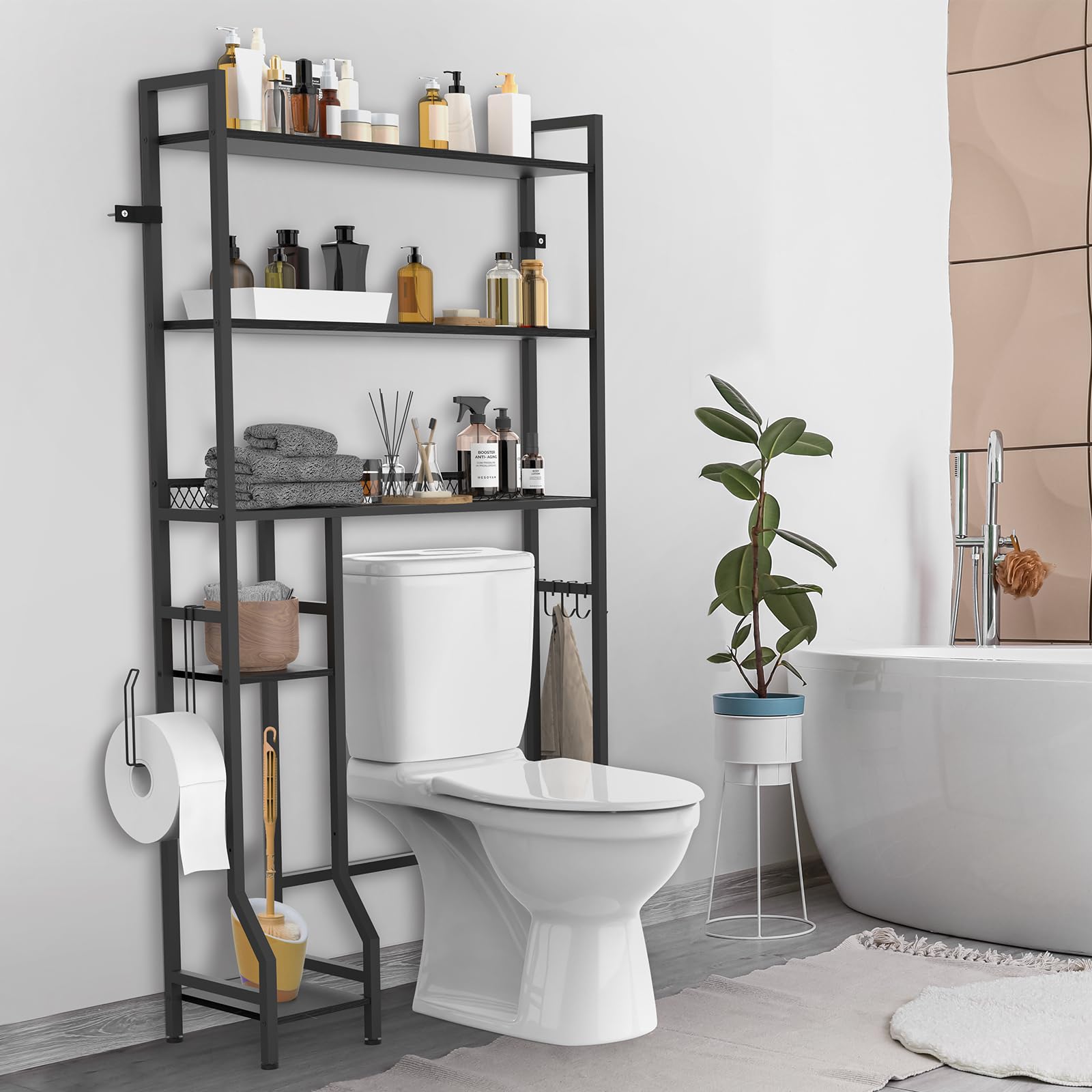 Amazon.com: Over The Toilet Storage with 5-Tier Shelf, Black Over the ...