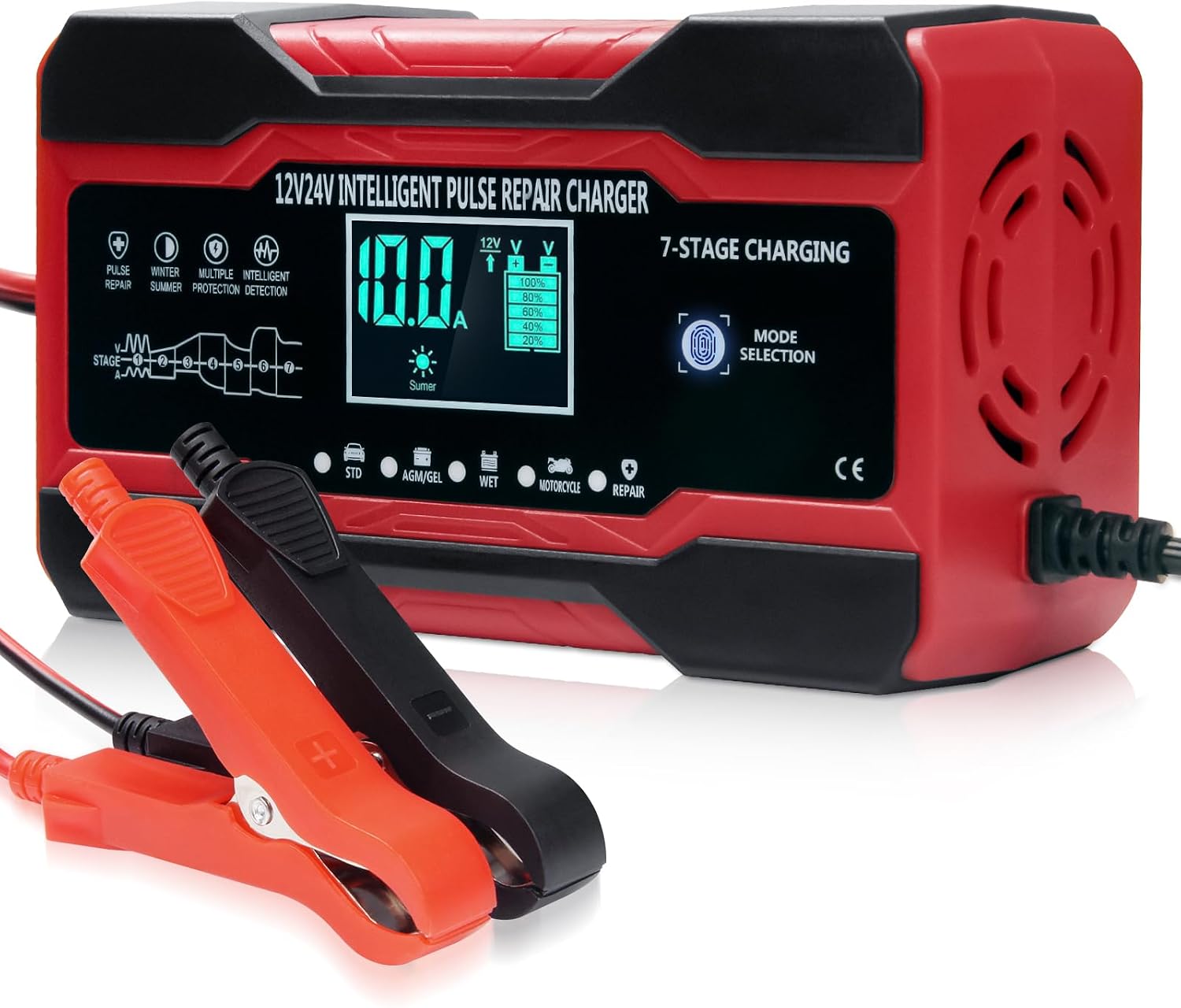 10-Amp Car Battery Charger, 12V/24V Smart Fully Automatic Battery ...