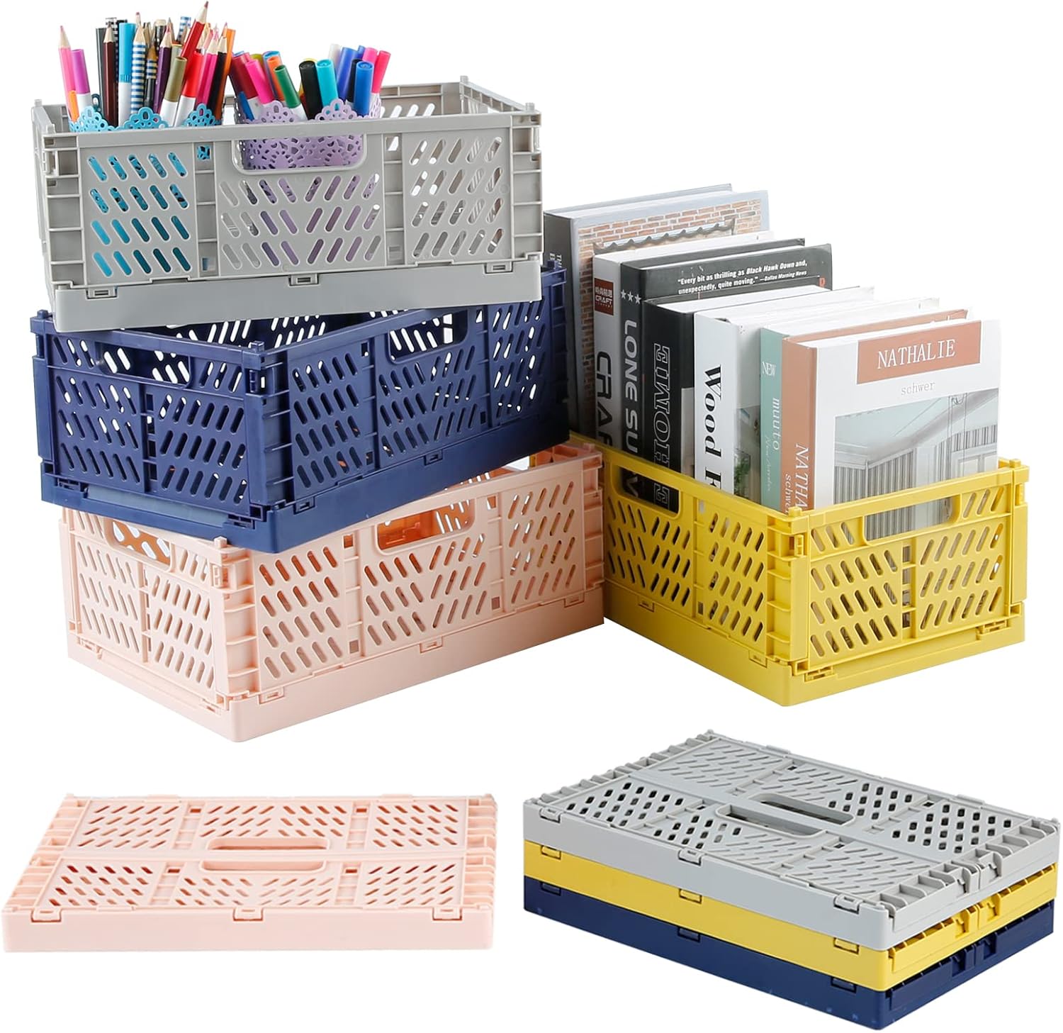 Pomeloone Pack of 4 Plastic Folding Baskets, Sturdy Folding Box ...