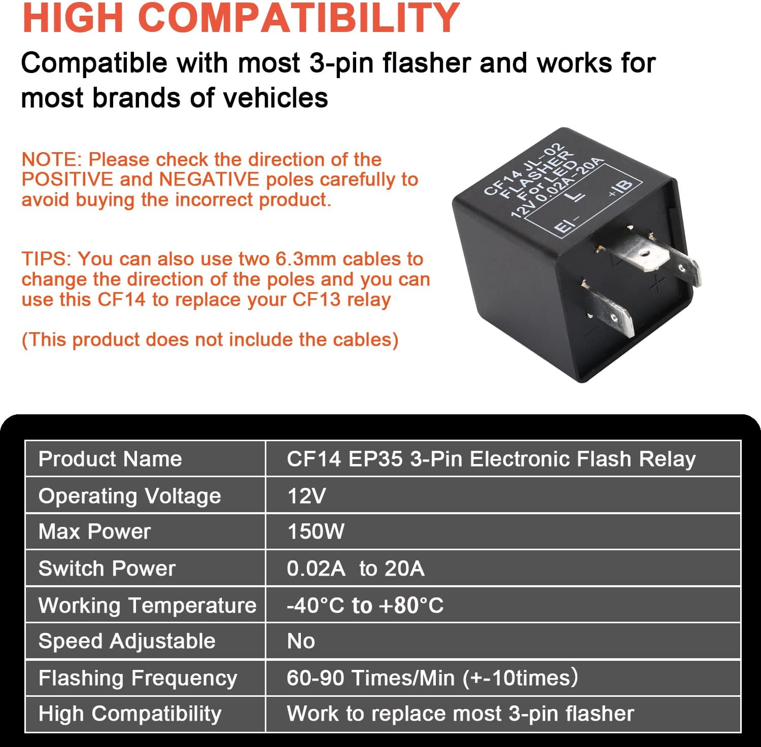 GLOFE (1) 3-Pin 12V CF14 EP35 Electrónico LED Flasher Relay Como LED ...