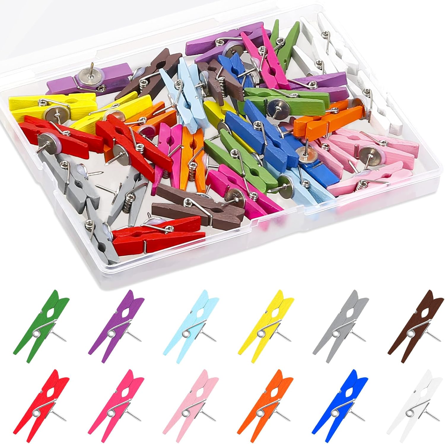 Amazon.com: GOOZADA Push Pins with 12 Colors Wooden Clips 36Pcs ...