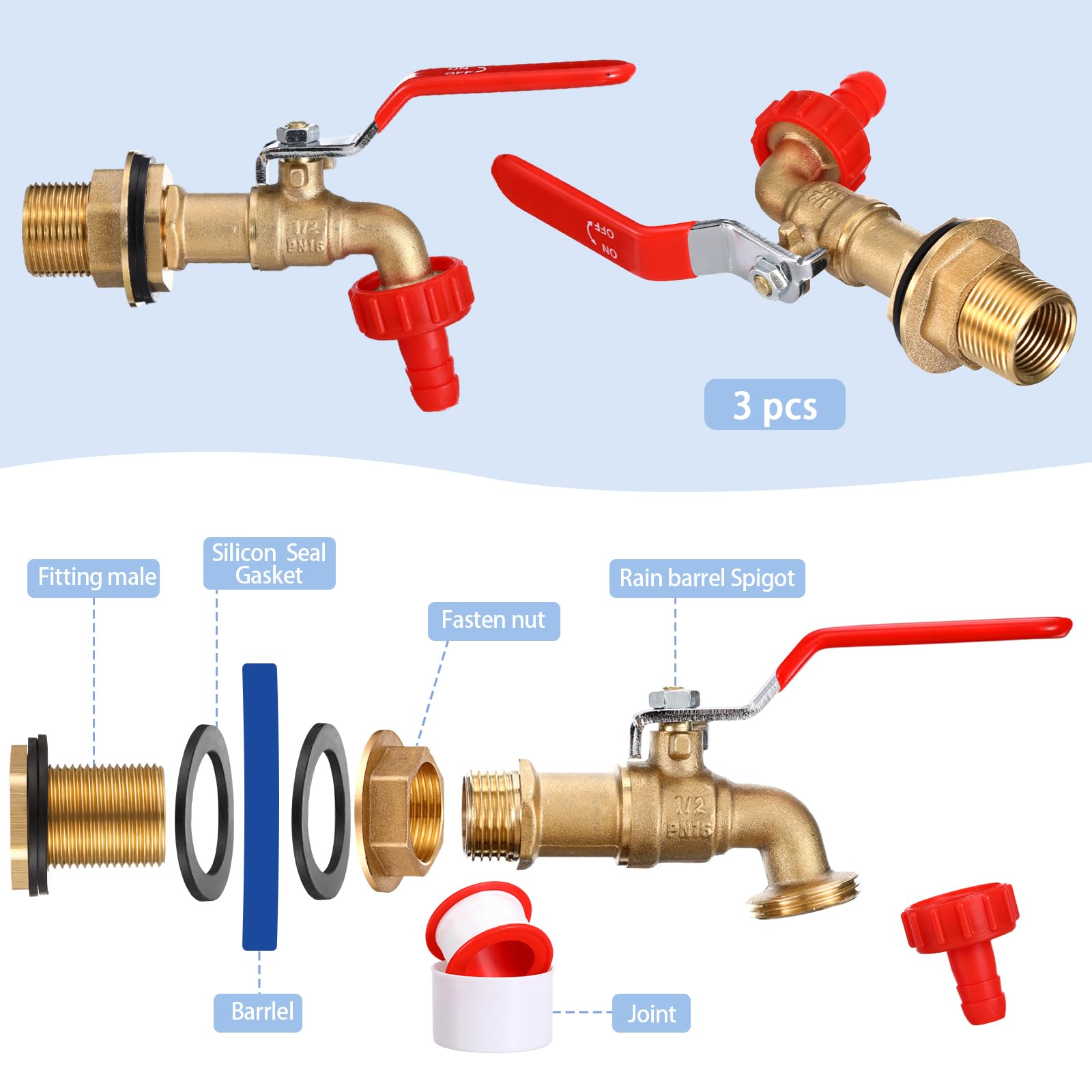 Snapklik.com : Tujoe 3 Set Brass Rain Barrel Spigot, Rain Faucet Kit ...