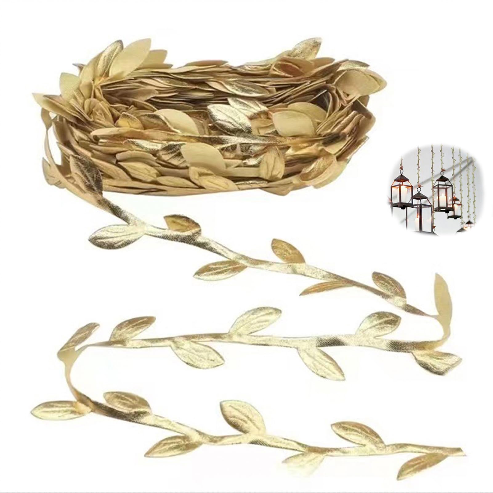 10m Artificial Leaf String Flowers Vine, Gold Leaf Ribbon Artificial ...