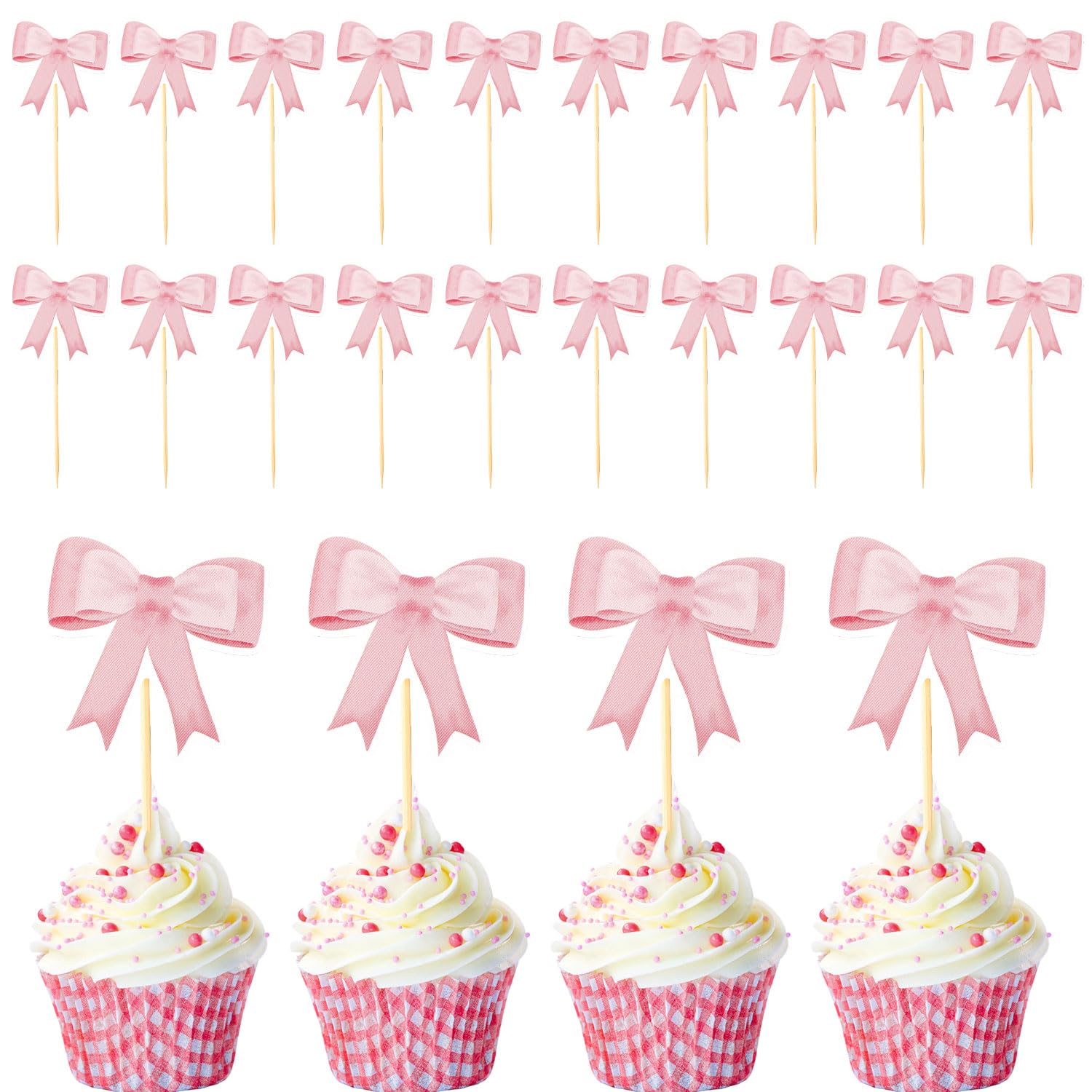 Amazon.com: 24pcs Pink Bow Cupcake Toppers, Bowknot Cake Toppers Cute ...