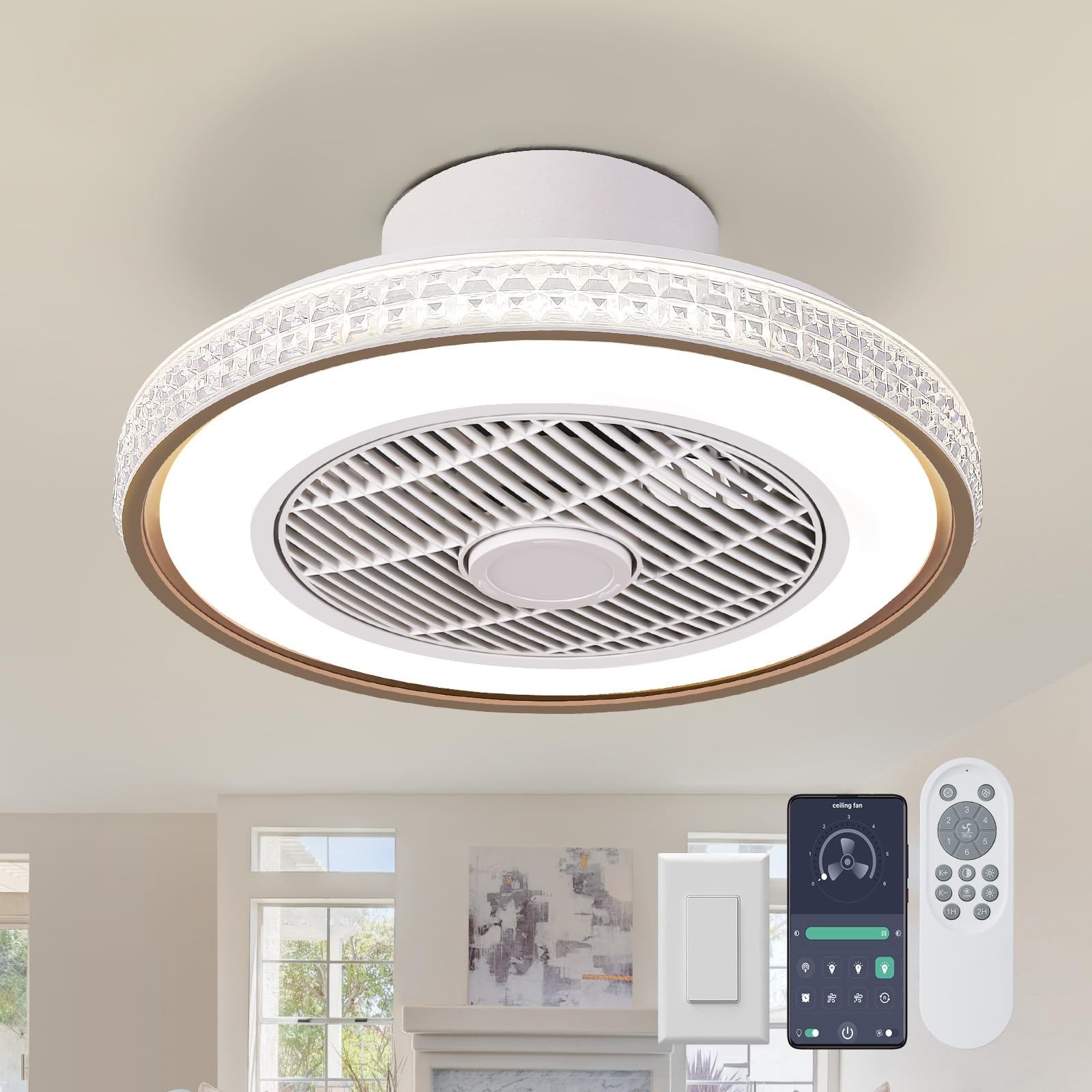 LOKUNM Reversible Ceiling Fans with Lights 16 Inch Crystal Flush Mount ...