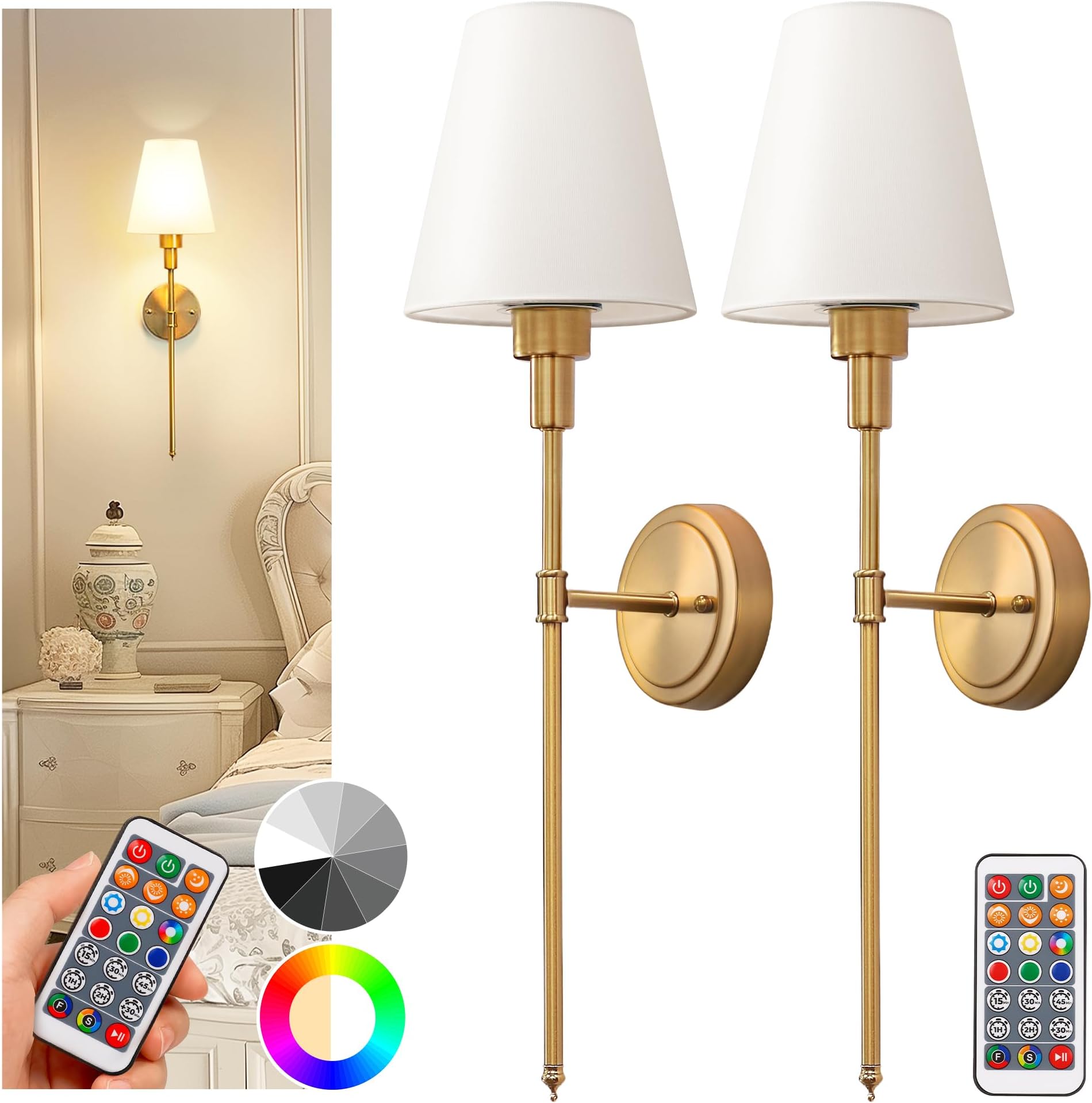 JOFIOS Wall Lights Battery Operated Wall Sconces Set of 2,Gold Wireless ...