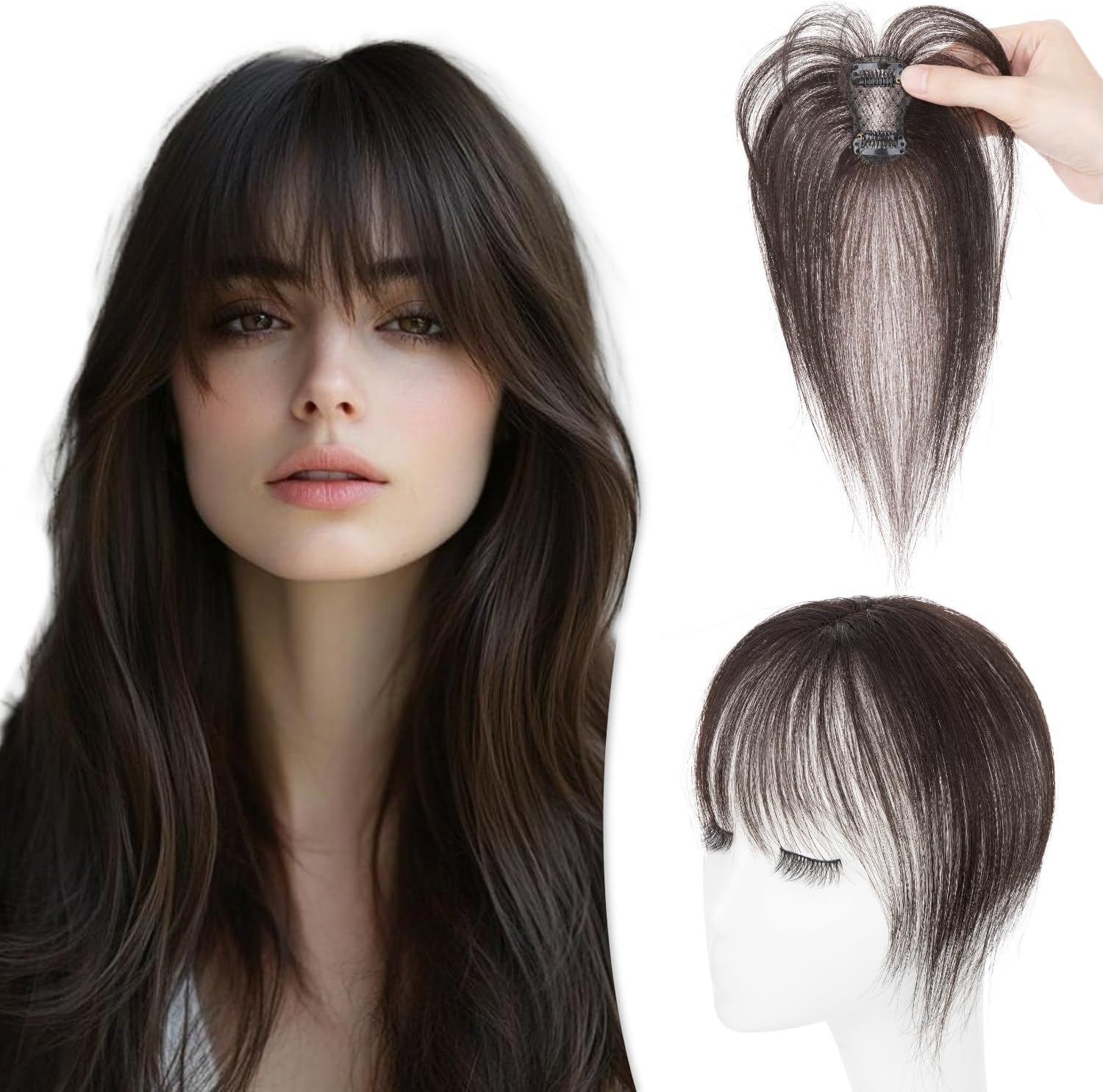 Amazon.com : TESSHAIR Clip in Bangs Real Human Hair 360°Cover Clip on ...