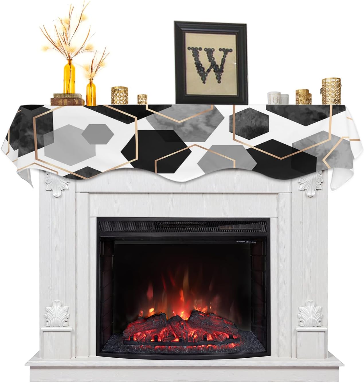 Amazon.com: Briskdecor Black Mantel Scarf, Gold Line Art Overlay ...