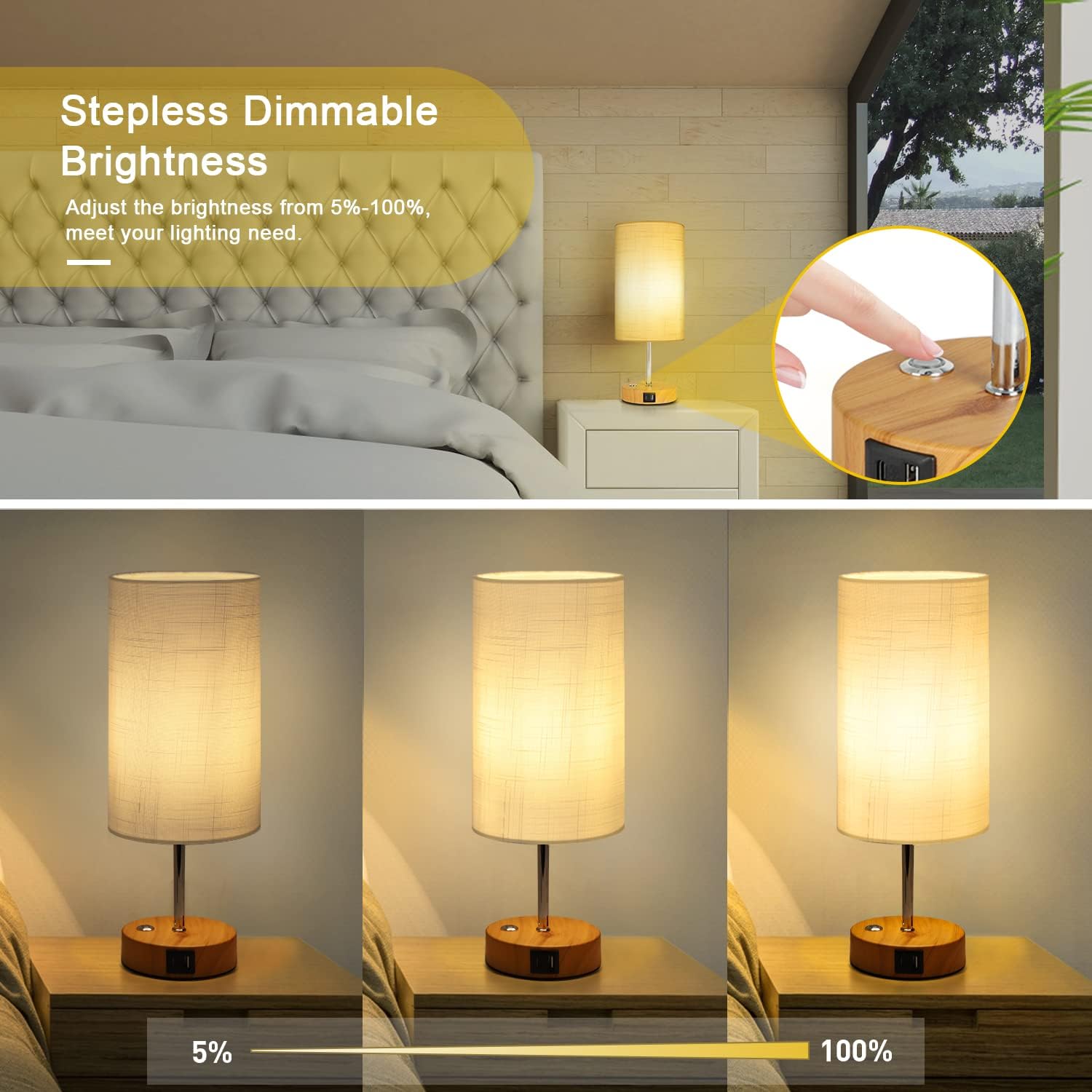 Outon Bedside Table Lamp, Dimmable Touch Control Nightstand Lamp with 2 ...