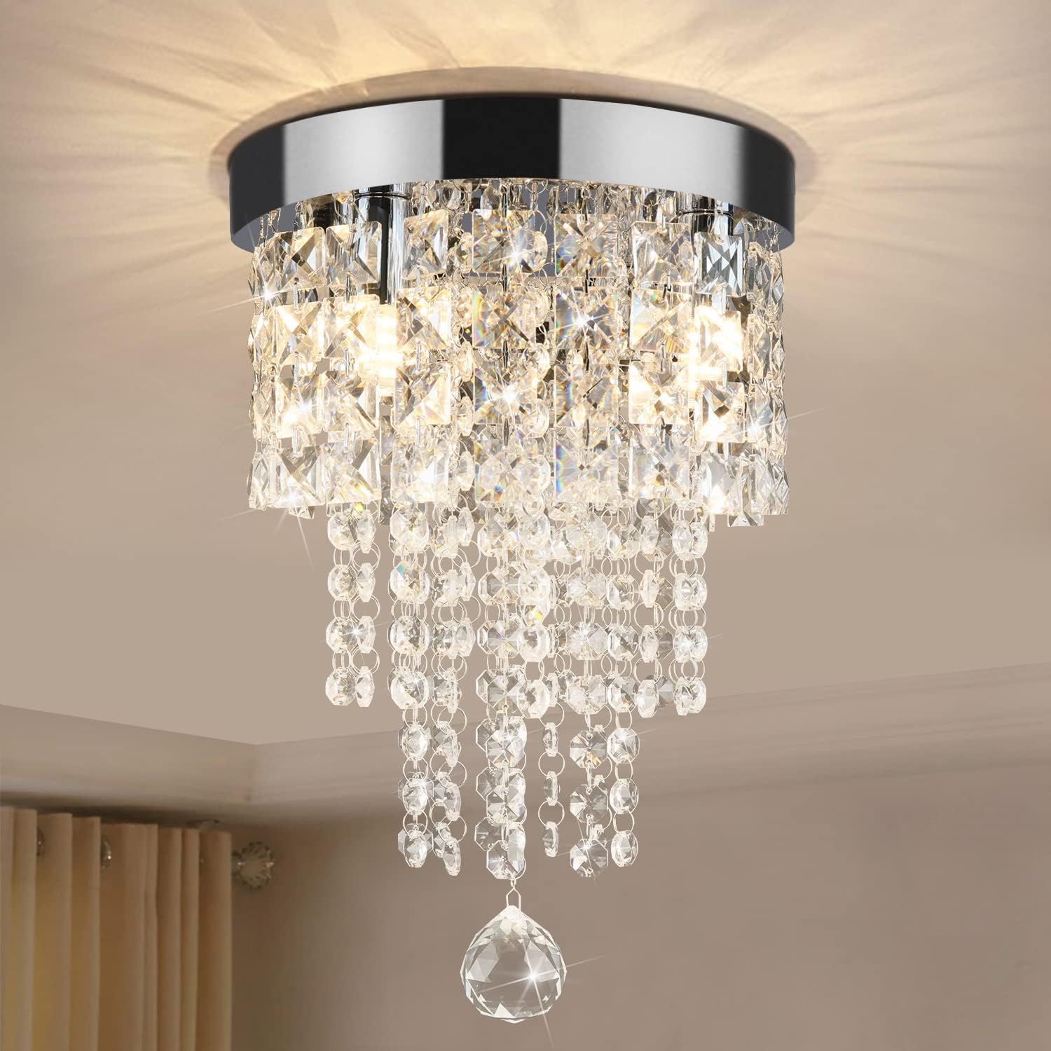 TISLYCO Modern 3 Light Crystal Chandelier,Silver Raindrop Crystal ...