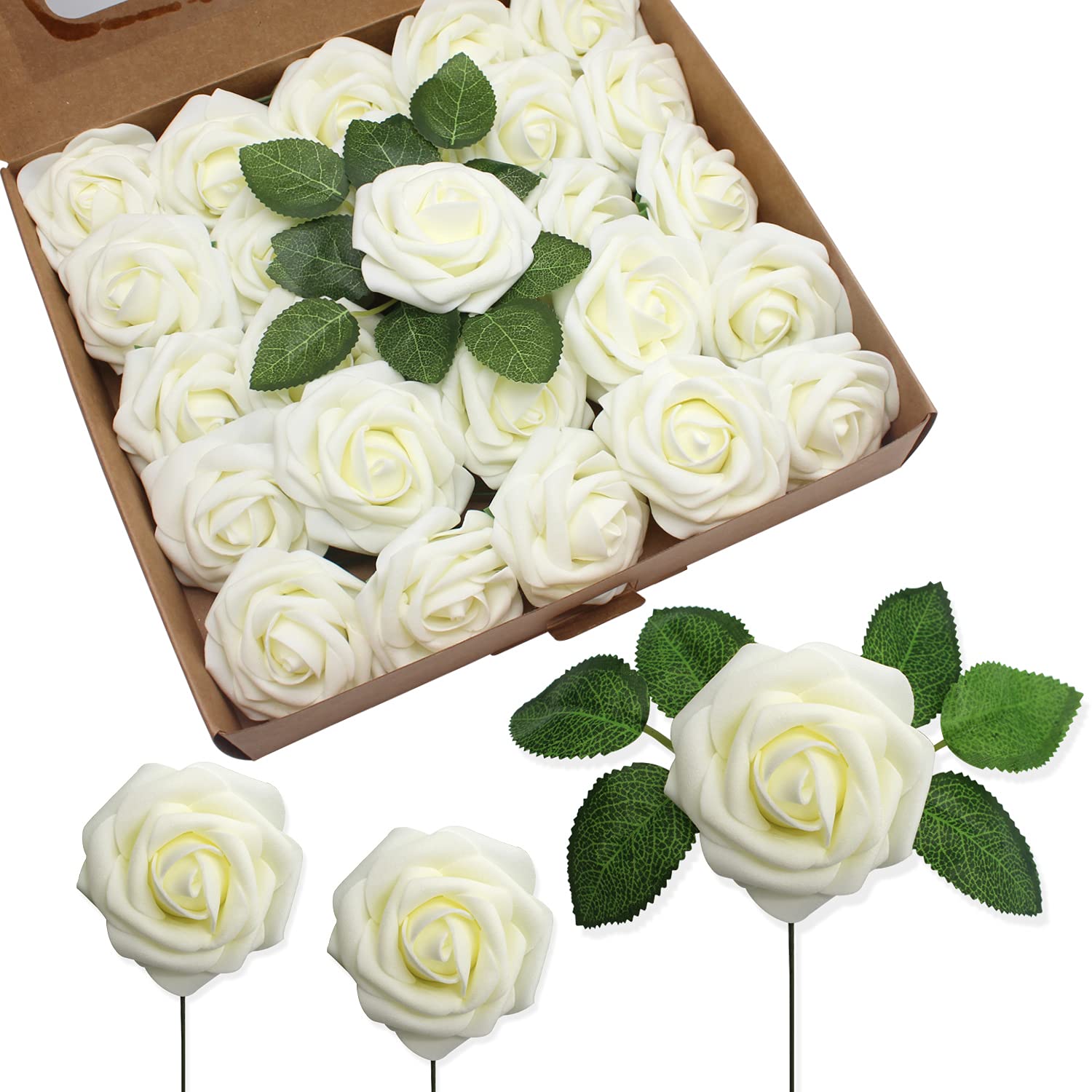 JOYLEX Artificial Flowers Realistic Roses, 50pcs Milk White Real ...
