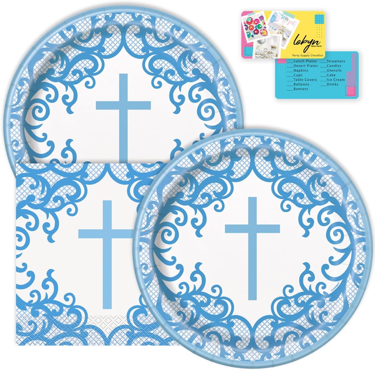Amazon.com: Lobyn Party Plates and Napkins – Elegant Blue Cross Theme ...