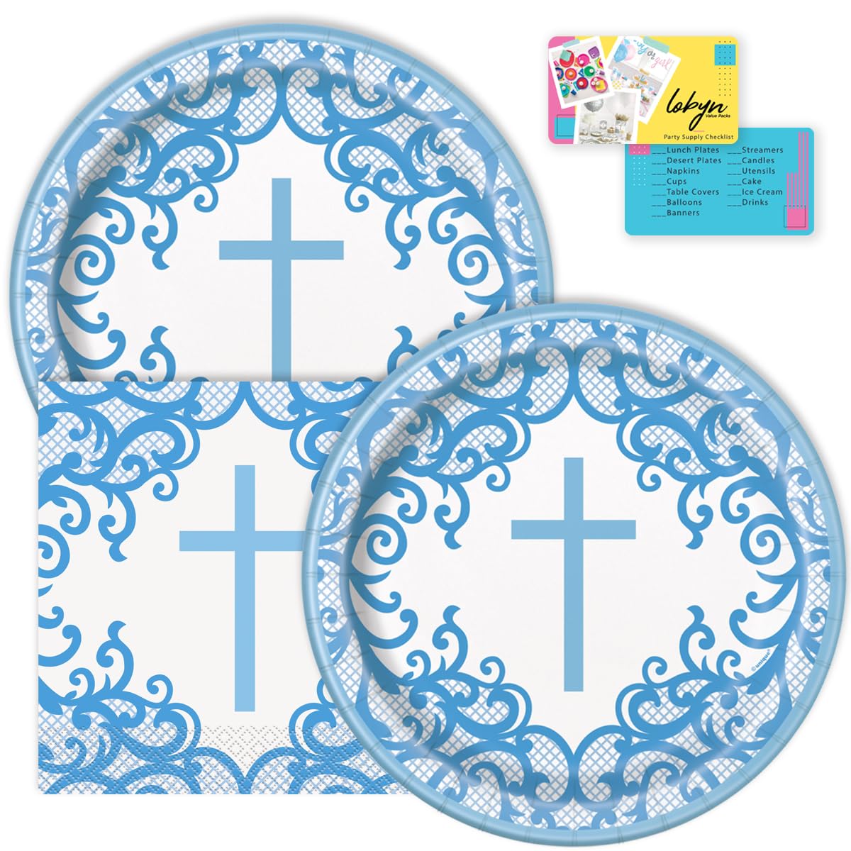 Amazon.com: Lobyn Party Plates and Napkins Elegant Fancy Blue Cross ...