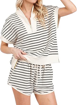 Amazon.com: SHBECYDE Women Two Piece Outfits Half Zip Striped ...