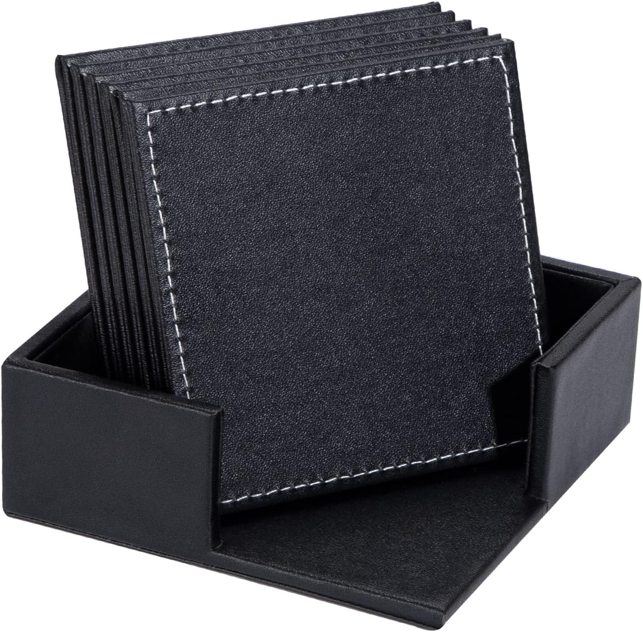 Famibay PU Leather Coasters with Holder Set of 6 Drink Coasters Black ...