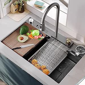 Amazon.co.jp: Waterfall Kitchen Sink Black Nano Raindance Waterfall ...
