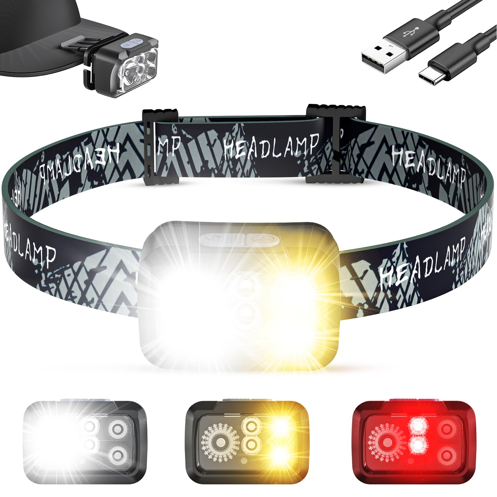 Head Torch Rechargeable, LED Super Bright 2500LM Headtorch, 48H Runtime ...