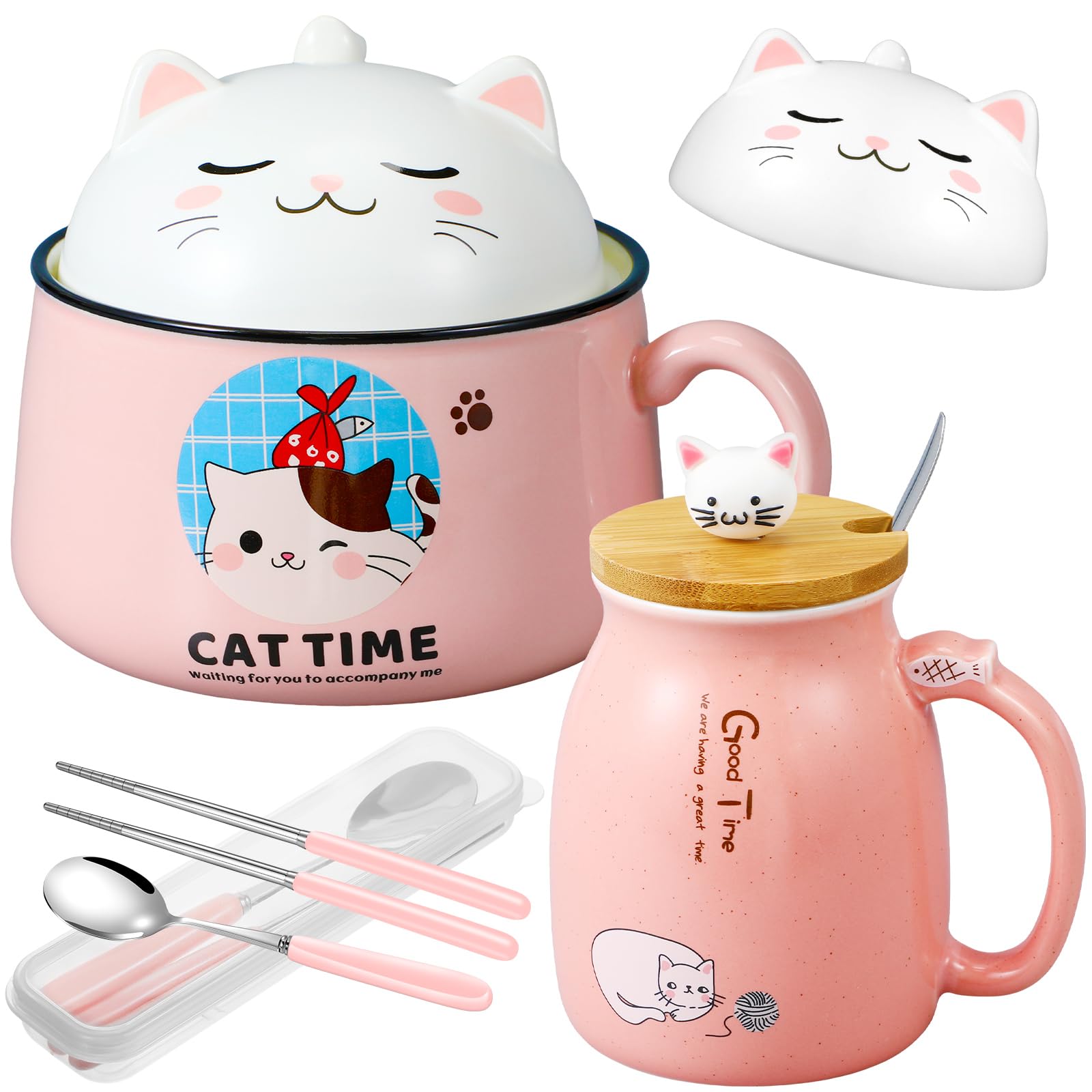 Amazon.com: FoldTier Set of 2 Ceramic Cat Mug and Ramen Bowl with Lid ...