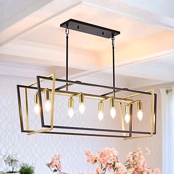 Black and Gold Farmhouse Chandeliers for Dining Room, 8-Light Rectangle ...