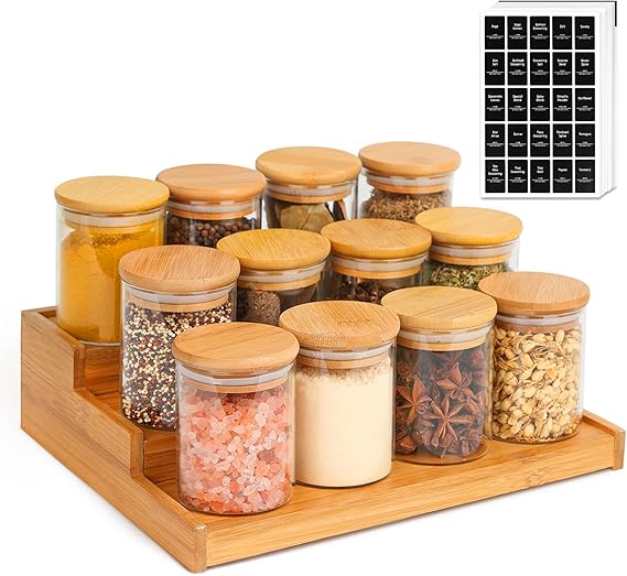 Amazon.com: ComSaf Bamboo Spice Rack with 12Pcs 6oz Jars and Labels, 3 ...