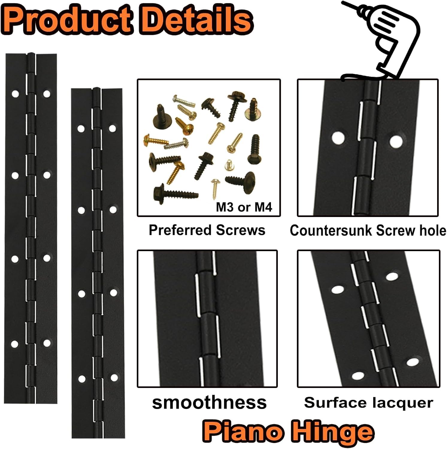 Snapklik.com : 4Pcs 8 Inch Continuous & Piano Hinges, Black Stainless ...