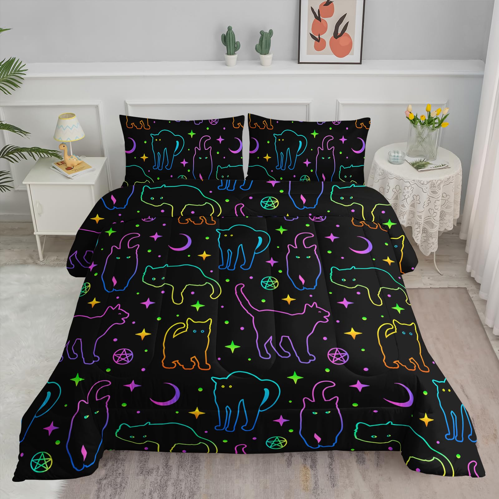 Amazon.com: Black Cat Bedding Cartoon Cat Comforter Set Twin,Moon Stars ...