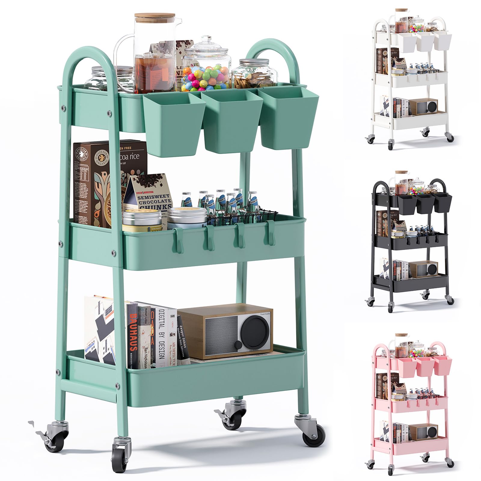 Premium 3 Tier Green Metal Rolling Cart With Lockable Wheels ...