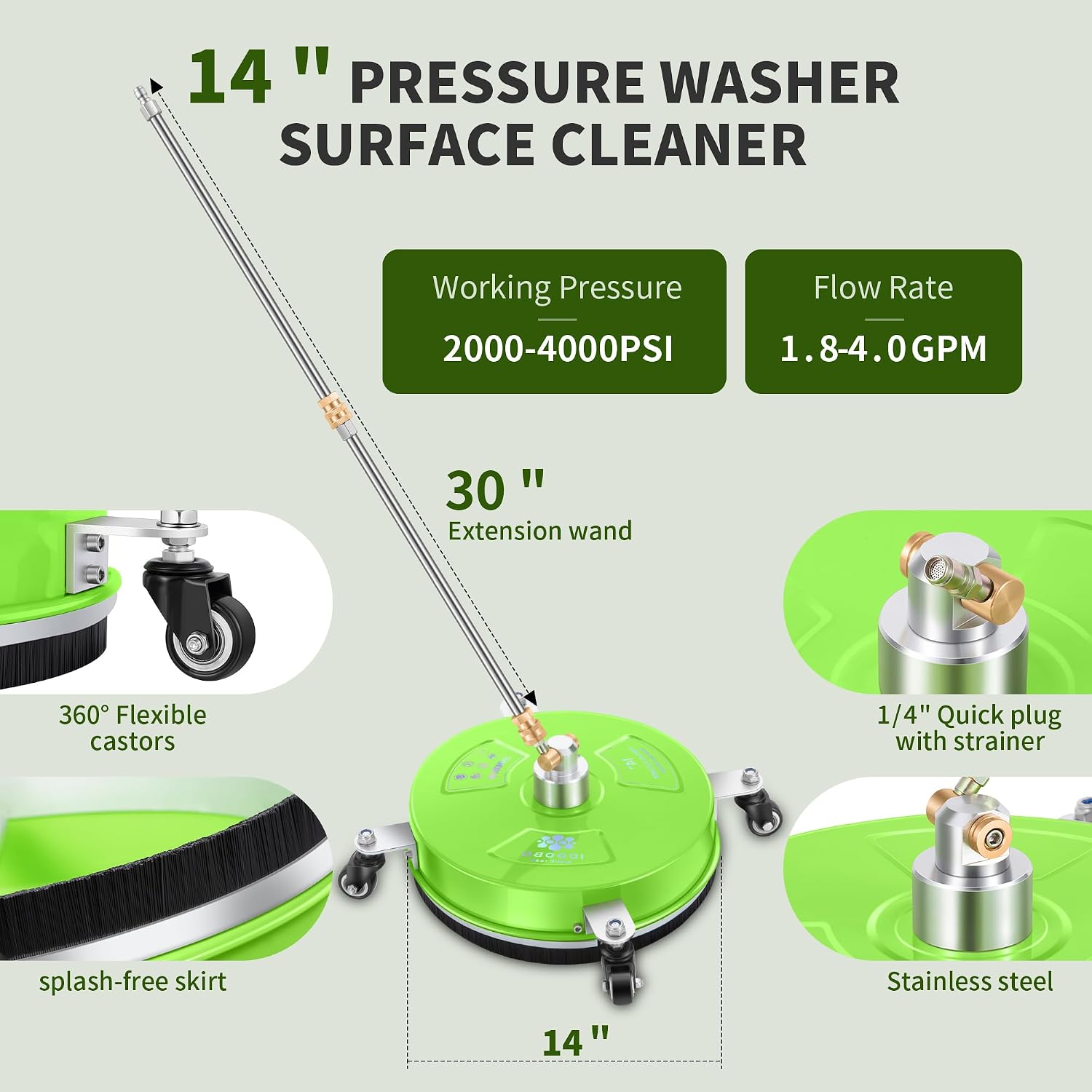 14'' Pressure Washer Surface Cleaner with 4 Wheels - Coated Green ...