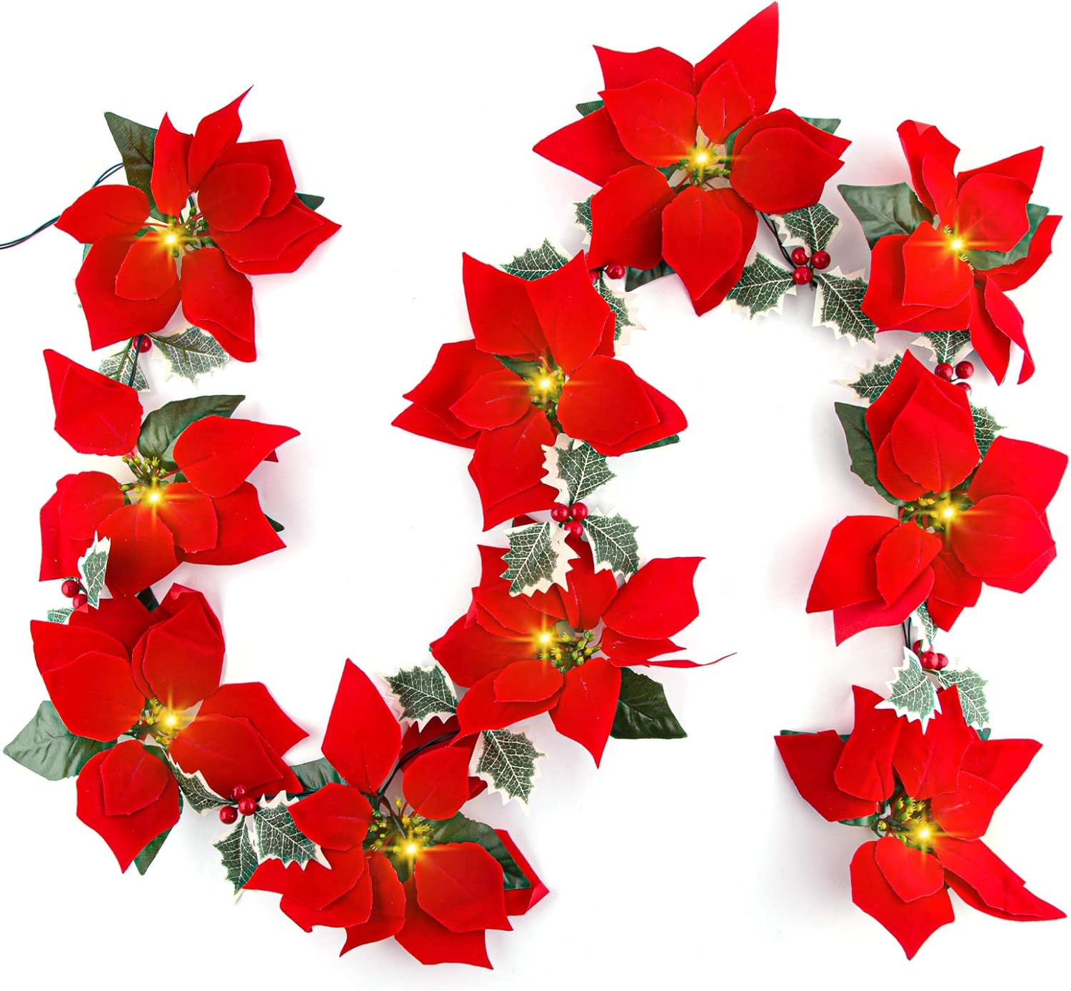 Poinsettia Christmas Garland String Lights with Red Berries and Holly ...
