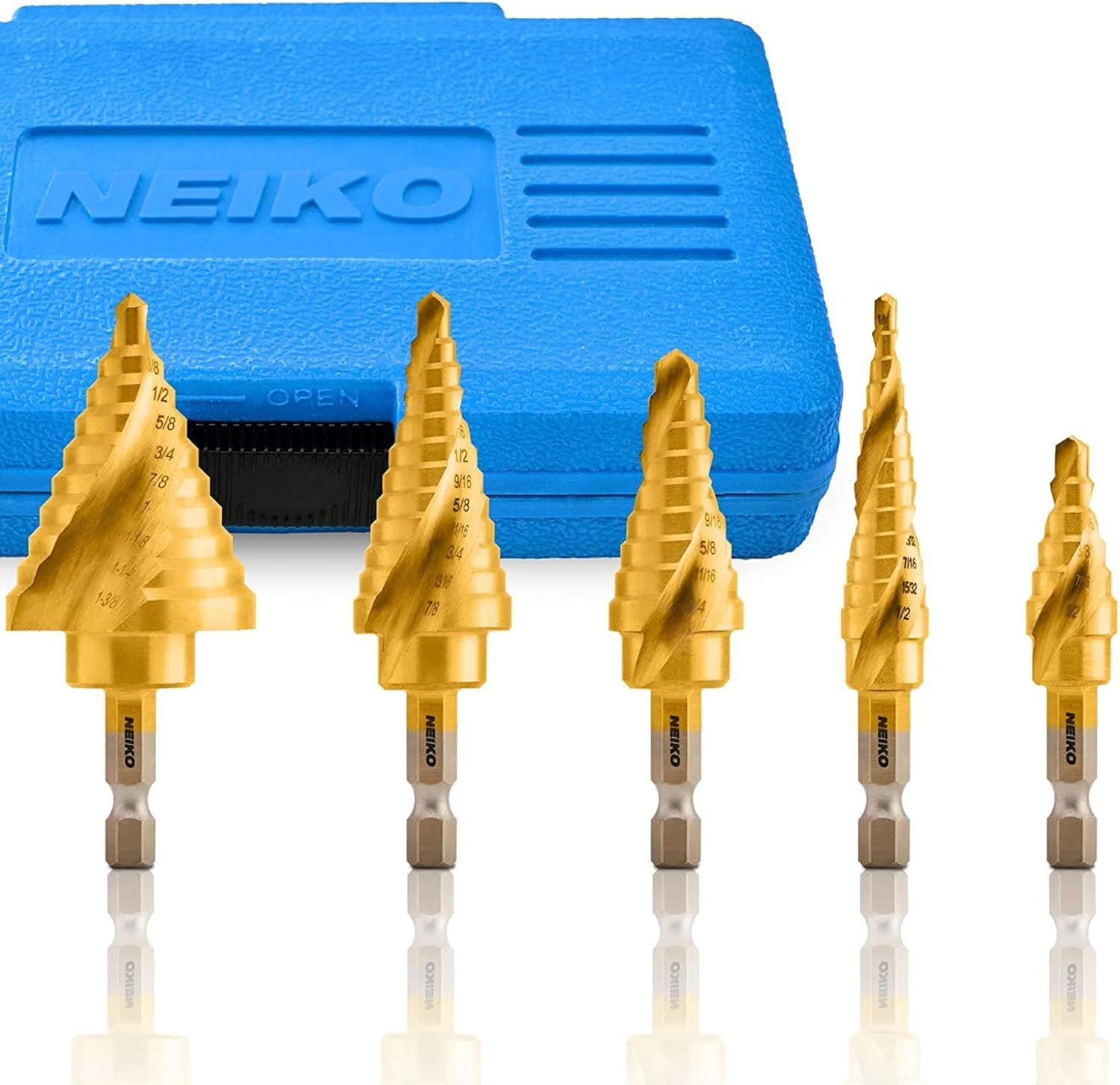 NEIKO 10173A Step Drill Bit Set for Metal and Wood, 5 Piece SAE, Spiral ...