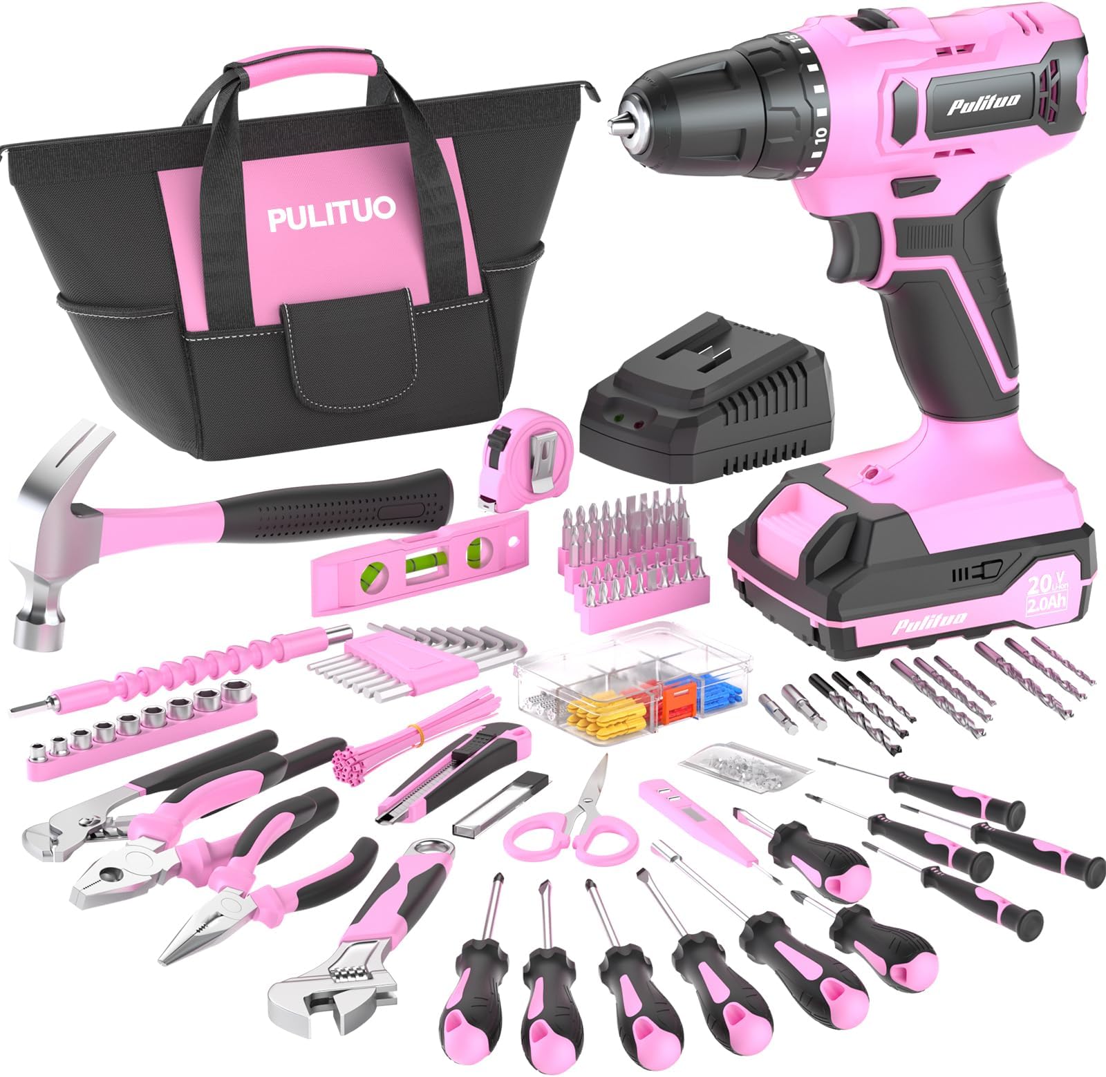 Amazon.com: Pink Drill Tool Kit Set: 20V Cordless Power Drill Tool Box ...