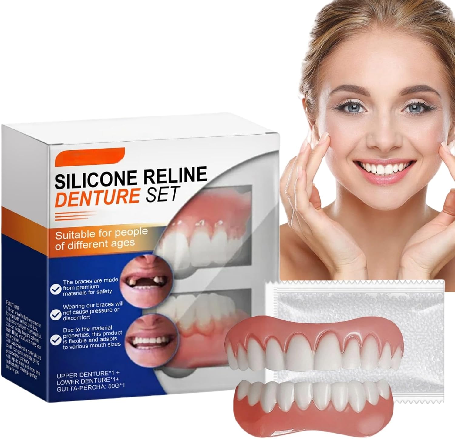 Silicone Reline Denture Set,Soft Dentures False Teeth Set,Snap on ...