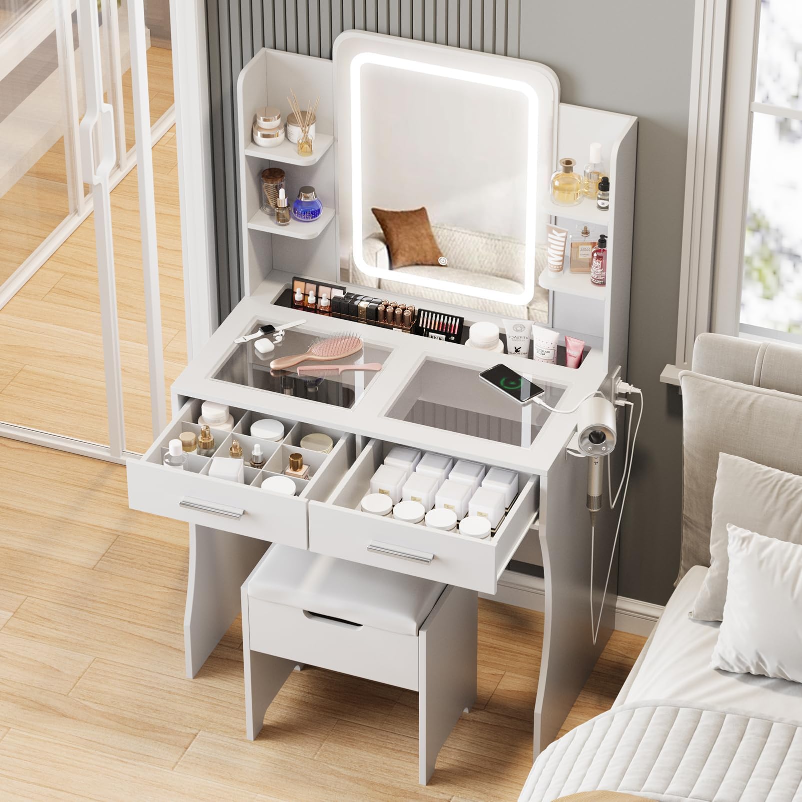 Amazon.com: Vanity Desk with Sliding Lighted Mirror, Large Makeup ...