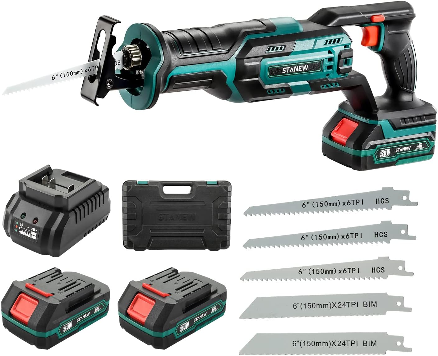 Scie Sabre Sans Fil, STANEW 20V Scie Sabre avec 2X2,0Ah Batterie, Scie ...