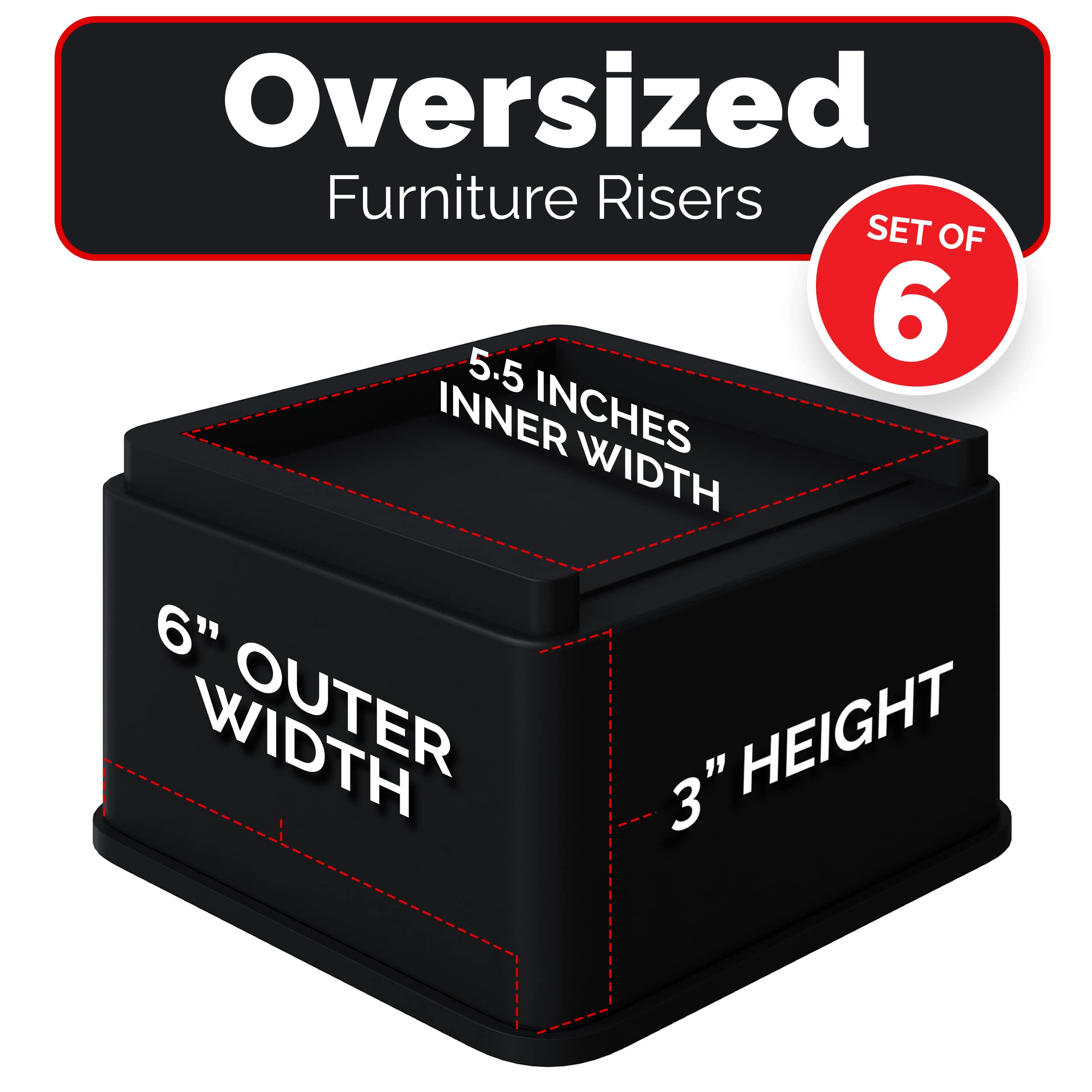 iPrimio Oversized Bed Risers - Square, 3 Inch Lift, Heavy Duty, 6 Pack ...