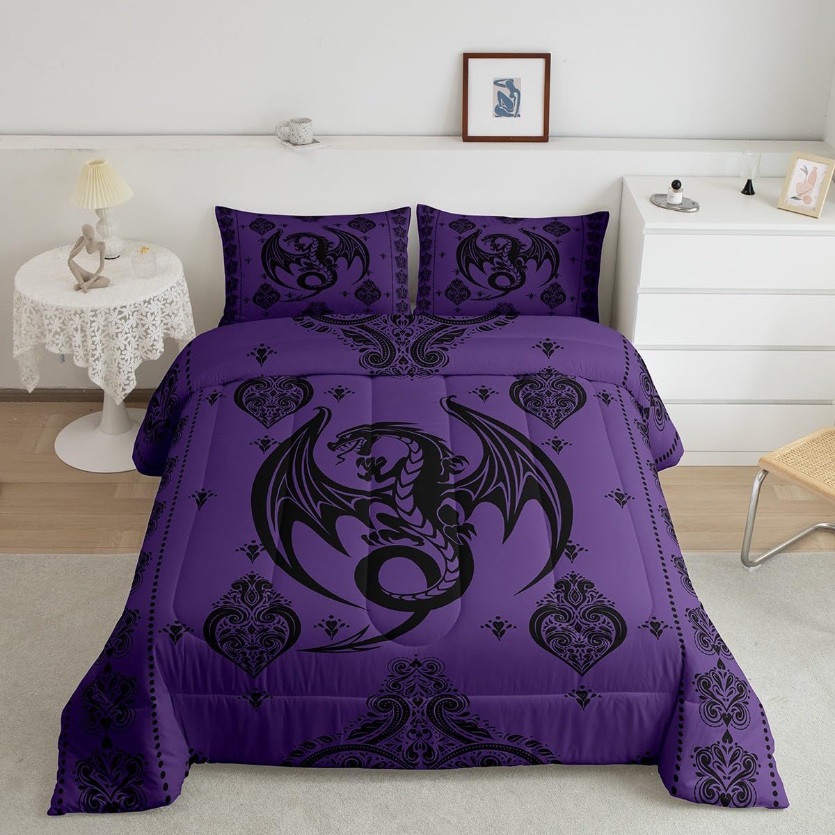 Amazon.com: Purple Black Dragon Comforter Set Queen Size,Vintage Boho ...