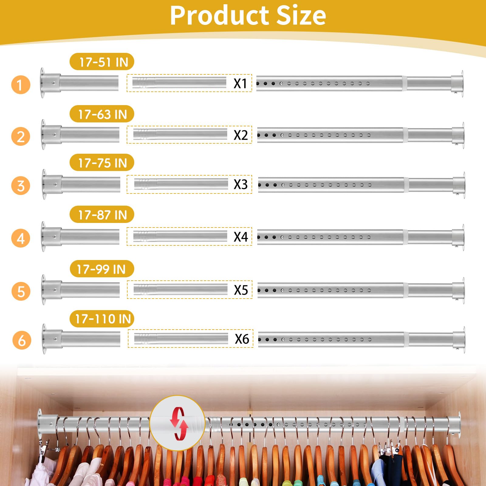 Snapklik.com : Closet Rod, 17 To 99 Inch Stainless Steel Adjustable ...