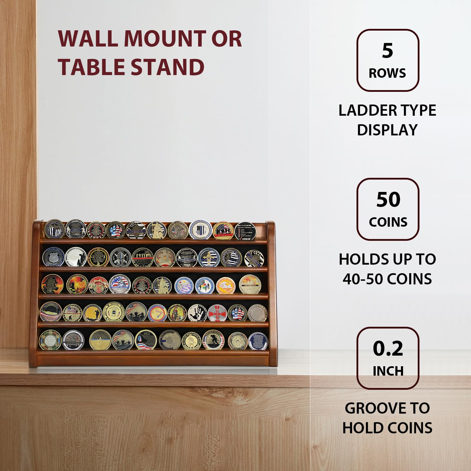 5 Rows Challenge Coin Holder Display Stand Holds 50 Coins for Wall ...