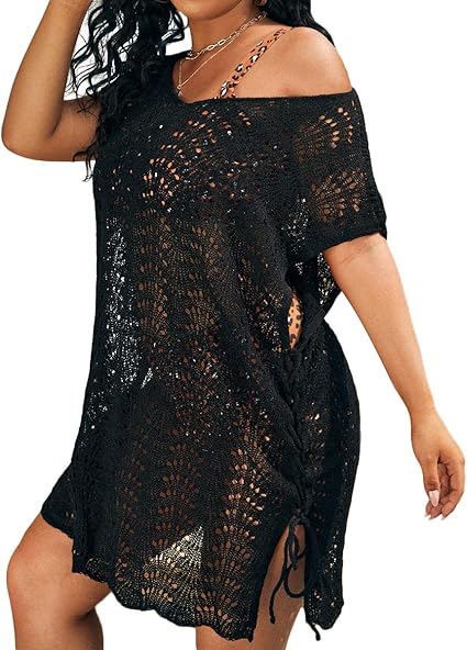 Romwe Women's Plus Size Short Sleeve Bathing Suit Cover Up Crochet Swim ...