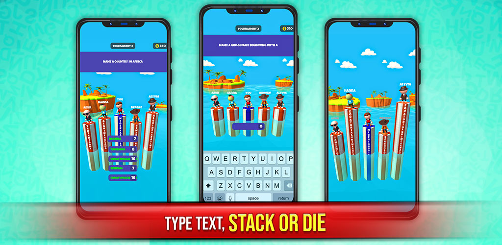 Text Stack or Die! Type and Guess Correct Answer 3D - Build Long Word ...